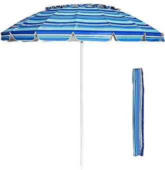 Giantex parasol rond de 243 cm - Avec ancrage - Stable - Housse de protection solaire UV50+ (rayures bleues)