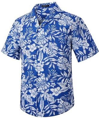 Hisdern Bleu Chemise Homme Hawaienne Manches Courtes Poche Avant Ete Chemise a Fleurs Homme pour Plage Vacances Tropicale S