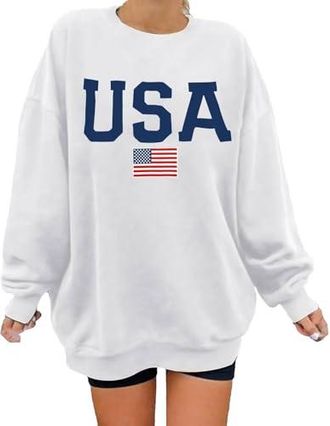 Generic Sweatshirt surdimensionné USA à manches longues pour femme - Pull thermique à manches longues pour homme par temps froid, blanc, XXL