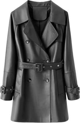 Generic Veste mi-longue en cuir v&eacute;ritable pour femme - Grande taille classique &agrave; revers double boutonnage avec ceinture, Noir, S