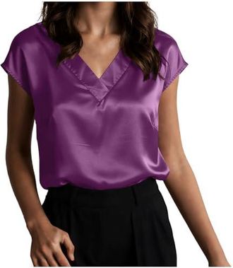 Generic Blouse Satin avec Brillance Femme Chic Et &eacute;l&eacute;gant Soir&eacute;e Chemise Manches Courtes Col en Rond Chemisier Grande Taille Printemps Fashion Casual C&eacute;r&eacute;moni