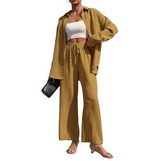 Generic Ensemble deux pièces pour femme avec chemise boutonnée sur le devant et pantalon large à nouer sur le devant, revers grande taille, couleur unie, tenu