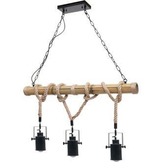 Hhg Pendelleuchte HHG 201, H&auml;ngelampe H&auml;ngeleuchte, Industrial Vintage Bambus Seil Metall schwarz 3x Sportlampenschirm