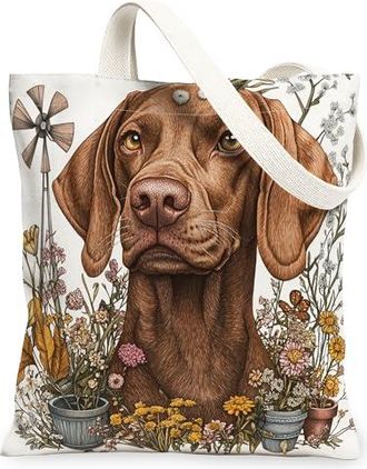 Generic Spring Vizsla Sac fourre-tout en toile r&eacute;utilisable pour faire du shopping Motif chien 33 x 38,1 cm Motif chiot de ferme et de campagne pour femme