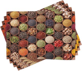Abakuhaus Retro Platzmatten 8 St&uuml;ck, Bunte Kr&auml;uter und Gew&uuml;rze Kardamom Pfeffer Chili Ingwer Dill nat&uuml;rliche K&uuml;che Print, Waschbare Stoff Esszimmer K&uuml;che Tischd