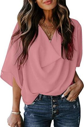 Onsoyours Femme Chemisier Unie Blouse Chemise Lâche Col V T Shirt à Manches Longues Top Blouse 3/4 Manches Évasées Top Automne C Rose XL