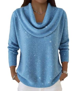 ORANDESIGNE Pull Paillettes Femme Chic et Elegant Col Cowl Soiree Haut &agrave; Sequins Pull de No&euml;l Scintillant A Bleu XXL