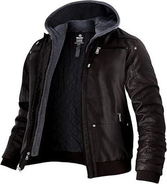 Wantdo Homme Veste mi Saison Capuche Veste en Cuir Hiver Blouson Cuir A Capuche Blouson Hiver Capuche Amovible Café Foncé L