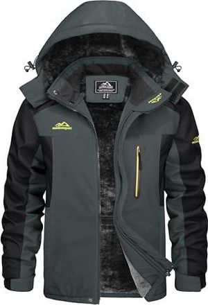 KEFITEVD Veste de Randonnée Polaire dhiver pour Homme Vestes de Montagne Imperméables Thermiques avec Capuche,Noir Gris,2XL