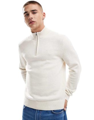 Abercrombie & Fitch Pull en laine m&eacute;rinos &agrave; logo et col zipp&eacute; - Cr&egrave;me-Blanc