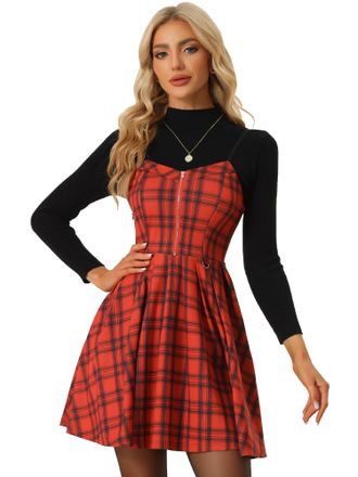 Allegra K Damen &Auml;rmellos Kariertes Kleid Spaghettitr&auml;ger A-Linie Skaterkleid Minikleid rot S