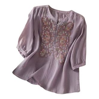 Generic T-shirt d&eacute;t&eacute; pour femme - Col rond - R&eacute;tro - Avec cinq manches quart et broderie litt&eacute;raire - Pull semi-ouvert, lilas, 3XL