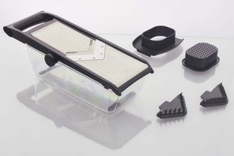 Jata Hogar HMAQ4502 Mandoline für 5 horizontale Schnittarten, 2 extra Klingen, inklusive glatter Klinge aus Edelstahl mit V-Schnitt, mit Schieber, spülmasc