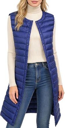 Generic Gilet matelass&eacute; long et l&eacute;ger sans manches &agrave; col rond boutonn&eacute; pour femme, bleu marine, XXL