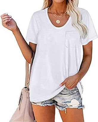 ORANDESIGNE Femme Blanc Noir Jaysis Tee Shirt Femme Sexy Ete Chic Col v Solide Ample Tunique Tee Shirt Femme Manche Courtes Haut Femme Chic Décontracté Lâche Top 