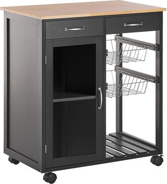 Beliani Servierwagen Holz schwarz mit 2 Schubladen Schrank 2 Metallkörben Rollen Boves
