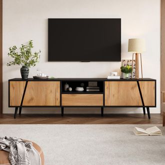 Generic TV-Lowboard 180x40x46 cm Holzoptik Schwarz mit 2 T&uuml;ren, Schublade, halboffenem Fach, Push-to-Open, 6 Massivholzf&uuml;&szlig;en, TV-Schrank bis 75 Zoll, Fernsehs