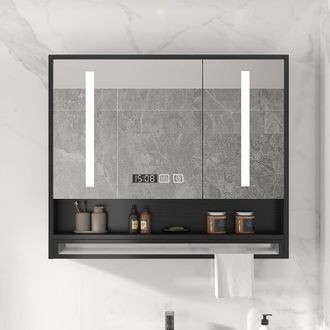 Generic Smart Badezimmerschrank mit Anti-Beschlag-Schminkspiegel, Wandmontage, Zeit- und Temperaturanzeige, Handtuchhalter, Schwarz, 80 x 12 x 75 cm