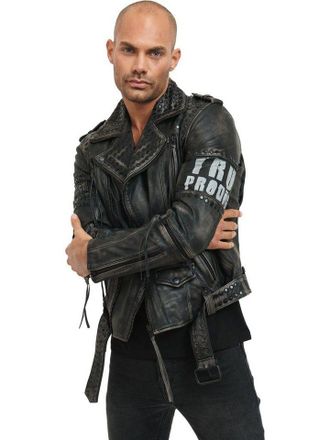 Trueprodigy Lederjacke Dwayne mit Nieten, Print und Waschung