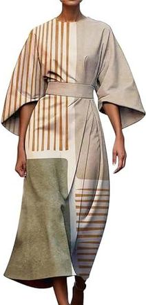Generic Robe midi avec manches pour femme, robe trapèze, imprimé abstrait, robe dété à manches 3/4 avec ourlet irrégulier, robe dété vintage, robe dété coloré