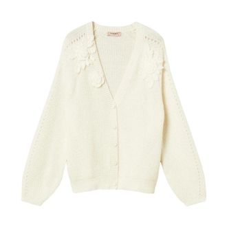Twinset Strickjacke mit H&auml;kelblumen - - Knitwear - Damen - Wei&szlig; - M