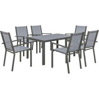 OUTSUNNY Ensemble salon de jardin repas - ensemble repas ext&eacute;rieur - 6 chaises empilables grande table effet bois - acier textil&egrave;ne gris