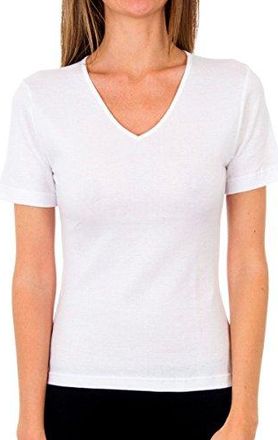 Playtex T-Shirt Femme Col V Thermique 100% Coton Manches Courtes Thermal Natural x1, Blanc, L