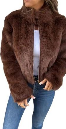 Generic Veste décontractée à col haut en fourrure avec fermeture éclair pour femme, veste dhiver courte en fausse fourrure, manteau chaud à manches longues en