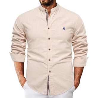 Generic Chemise formelle pour homme &agrave; manches longues en coton et lin Henley pour printemps et automne - Chemise d&eacute;contract&eacute;e &agrave; boutons - Couleur unie - Coupe