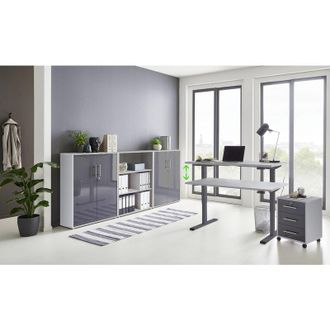 BMG M&ouml;bel BMG M&ouml;bel B&uuml;rom&ouml;bel komplett Set mit elektrisch h&ouml;henverstellbaren Schreibtisch Arbeitszimmer e-Dition in lichtgrau / anthrazit Hochglanz