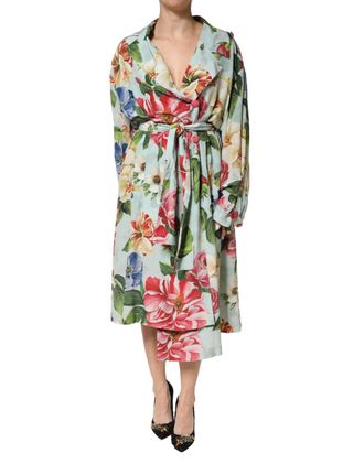 Dolce & Gabbana Womens Green Floral Silk Wrap Midi Long Sleeve Dress