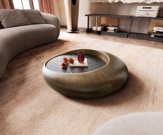 DELIFE Couchtisch Blaise 100x100 cm Metallic Gold mit Reliefglas Taupe, Couchtische