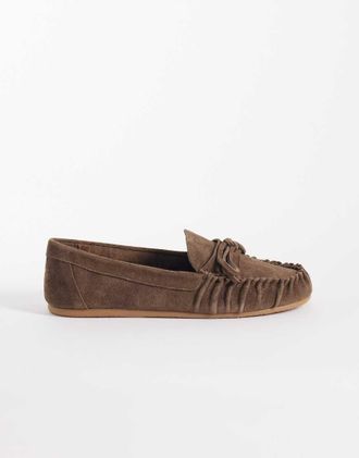 Mango Loafer aus 100% Wildleder in Schokobraun mit gerafftem Detail-Brown