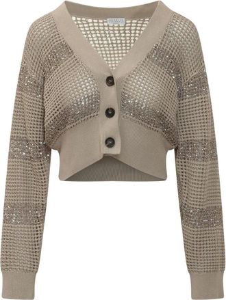 Brunello Cucinelli Femme, Pulls, Beige, Taille: 42 FR Cardigan Ouvert en Maille &agrave; Sequins