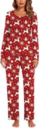 Ekouaer Vêtements De Nuit Chaud Pyjama Femmes Hiver Pyjama 2 Pièces Col Rond Manches Longues Haut et Bas Ensembles Longs, Noël, S