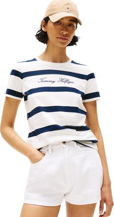 Tommy Hilfiger Damen T-Shirt Kurzarm Script mit Rundhalsausschnitt, Mehrfarbig (Wide Stp Ivory Silk / Dark Night), XS