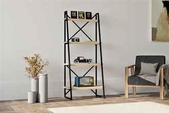 Hanah Home Modern Industrial Bookshelf, Sapphire & Black, 66 x 150 x 32 cm | 100% Melamine Coated Particle Board, 30 mm Thick, Metal Frame | Wall-Mountable Desig