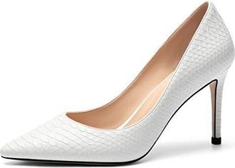 elashe Escarpins Femme Bout Pointu Talon Aiguille, 8 cm Slip on Vernis Pumps, Classiques Soirée Bureau Talon Haut BlancEU40