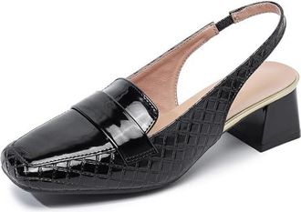 Generic Mary Jane Slingback Chaussures &agrave; talon bas pour femme, bout carr&eacute;, talon de 5,1 cm, chaussures habill&eacute;es en cuir verni pour le travail, Noir, 40.5 EU