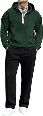 Generic Survêtement athlétique 2 pièces pour homme - Pull à capuche et pantalon de jogging en coton mélangé - Manches longues avec poches, Vert noir, XXL