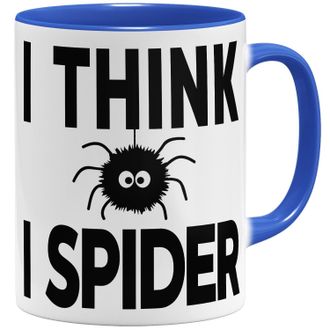 OM3 I Think I Spider Kaffee-Tasse mit Spruch - lustige Spruchtasse im Denglisch Stil - Ich glaub ich spinne - Keramik Becher - 325ml - Beidseitig Bedruckt