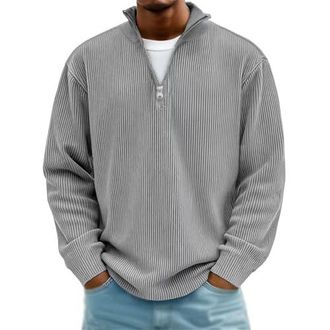 Generic Polo &eacute;l&eacute;gant en velours c&ocirc;tel&eacute; &agrave; manches longues et demi-fermeture &eacute;clair pour homme, gris, XXL