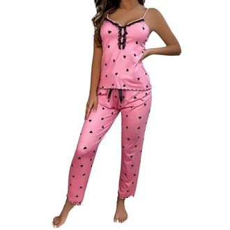 Generic Pyjama d&eacute;t&eacute; 2 pi&egrave;ces avec bordure en dentelle et col en V pour femme, rose, XL