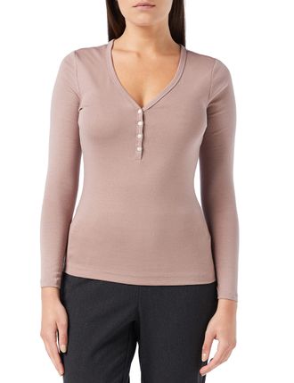 Amazon Essentials Damen Langärmeliges Henley-Shirt aus Rippstrick schlanke Passform, Dunkles Taupe, XXL