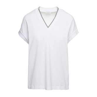 Brunello Cucinelli Wei&szlig;es V-Ausschnitt T-Shirt mit Monile-Detail - - Tops - Damen - Wei&szlig; - M