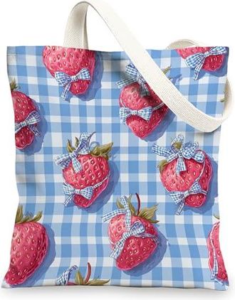Generic Sac fourre-tout en toile motif fraise, sacs de courses réutilisables vintage, sac de transport léger à bandoulière bleue, Bleu, 13x15 Inch