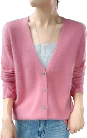 Generic Cardigan en cachemire pour femme 100 % vison - Veste ample - Col en V - Manches longues, rose, Taille XL
