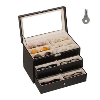 Relaxdays Brillenbox, 18 Brillen, Lederoptik, Samtbezug, Glasfenster, HxBxT: 22,5 x 33,5 x 19 cm, Brillenkoffer, schwarz