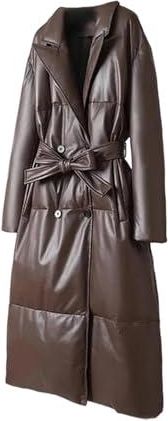 Generic Doudoune longue en cuir pour femme - Manteau en duvet de mouton &agrave; double boutonnage avec ceinture - Noir, EN8, L