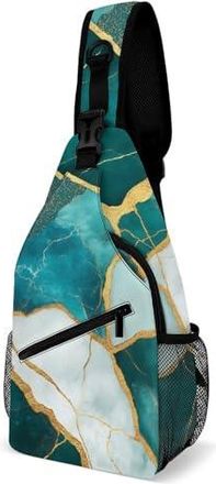 Generic Antivol Sacoche Homme Bandouliere Texture luxueuse en marbre bleu sarcelle et paillettes dorées Sac Bandoulière Mode,Polyester Sac DEpaule pour école 